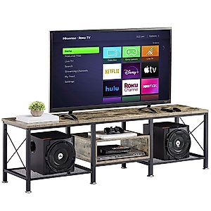 VECELO Industrial TV Stand for 75 Inch Television Cabinet 3-Tier Console with Open Storage Shelves, Entertainment Center Metal Frame for Living Room, Bedroom, 70 Inch, Grey