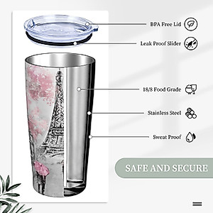 Dujiea 20oz Tumbler With Lid And Straw, Eiffel Tower Pink Lovers In Paris Vacuum Insulated Iced Coffee Mug Reusable Travel Cup Stainless Steel Water Bottle