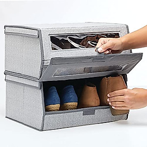 mDesign Large Fabric Closet Shoe Storage Box w/Clear Window - Shoe, Sandal, Sweater, Linen, Clothes Organizer - Boot Storage Solutions - Shoe Bin - Lido Collection, 4 Pack, Gray Herringbone