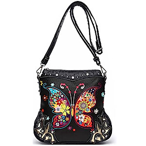 Butterfly Flower Concealed Carry Purse Women Spring Rhinestone Crossbody Handbags Single Shoulder Bag (Black Set)