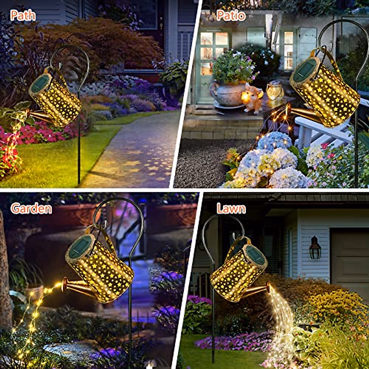 Solar Watering Can with Lights, Outdoor Decorative Garden Light Solar Fairy Lights, Waterproof Metal Retro Star Shower Art Hanging Waterfall Lights for Patio Lawn Yard (with Shepherd Hook)