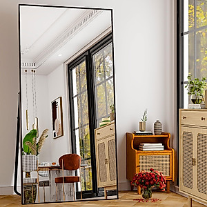 GLSLAND 76"x34" Full Length Mirror Extra Large Hanging or Leaning Rectangle Mirror Aluminum Alloy Thin Frame Bedroom Floor Dressing,Black