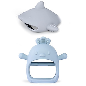 Teething Toys for Babies 0-6 Months, Silicone Never-Drop Baby Teethers Teething Mittens, Hand Pacifier, Best Toy for Teething Baby, Silicone Wrist Teething Mitten for New Born (Dusty Blue&Gray)