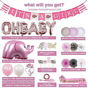 JYNTU Elephant Baby Shower Decorations (Pink)-Elephant Theme, Baby Shower Backdrop with Balloons, OH baby, It;s a Girl, Cake Topper, Paper Hanging Decoration(Flower,lantern)