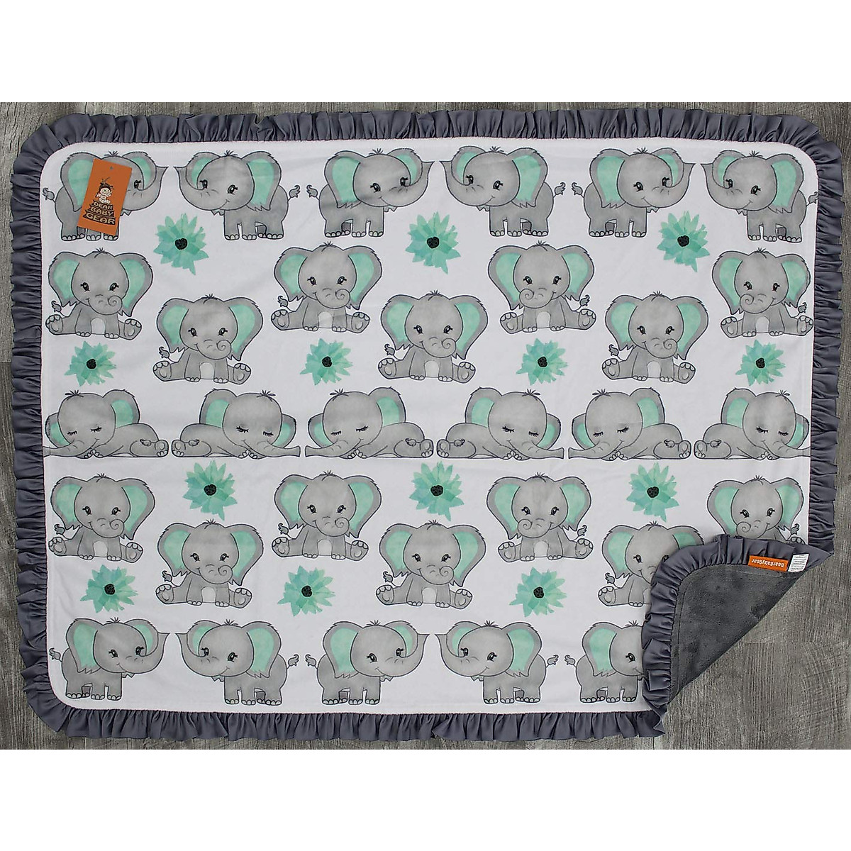 Dear Baby Gear Elephant Baby Blanket - Double Layer Infant Blanket - Toddler Blankets for Boys and Girls - Gray and Mint Elephant Calf with Flowers, Gray Ruffles - 43" x 33"