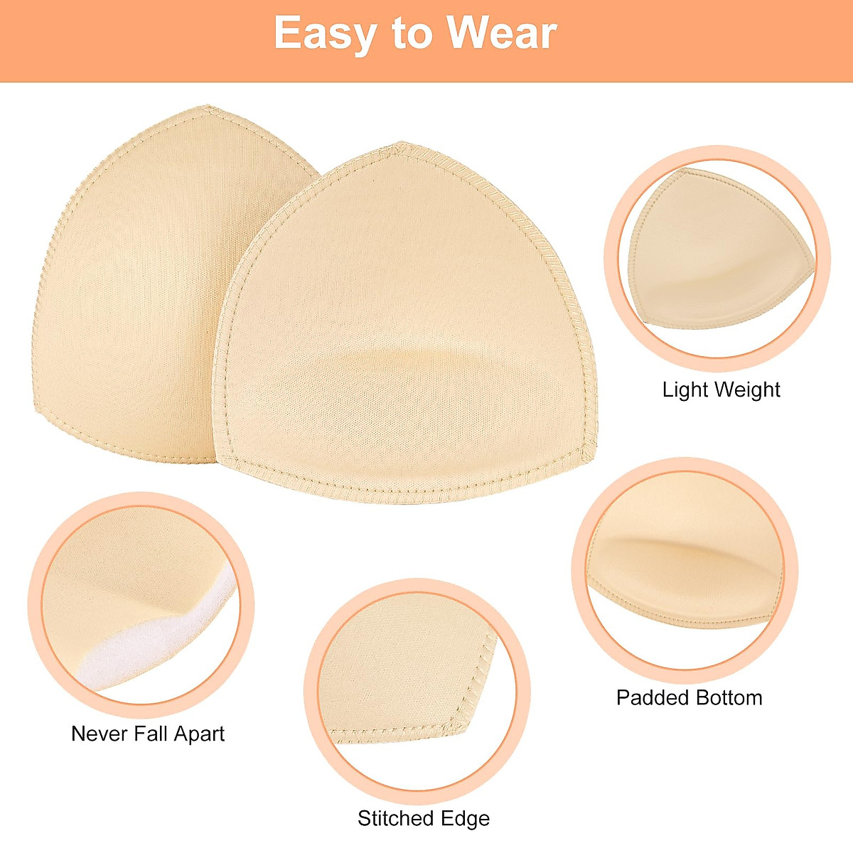 SERMICLE Waterproof Swimsuit Bra Pad Inserts 4 Pairs, Push up Bra Pads Sewn Padded for Bikini Sports Bra A/B or C/D,D/E Cup (A/B Cup, Waterproof Beige)
