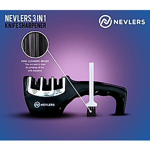 Nevlers 3 in 1 Kitchen Knife Sharpener with Cut Resistant Gloves | Knife Sharpeners for Kitchen Knives Preps, Repairs, Sharpens | Blade Sharpener with Diamond, Ceramic & Tungsten Steel Slots (Black)