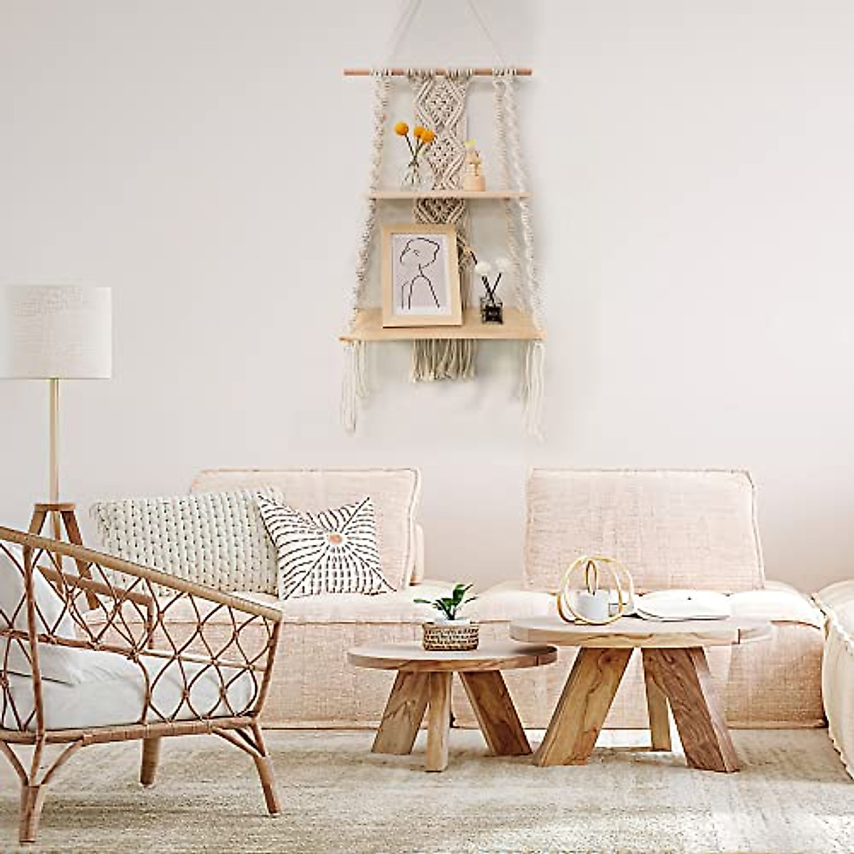 Macrame Wall Hanging Shelf - Wood Boho Wall Shelf with Woven Ripe, Boho Indoor Hanging Shelves for Wall Display, 2 Tier Handmade Macrame Bohemian Shelf, Boho Deocr for Living Room, Bedroom, Bathroom