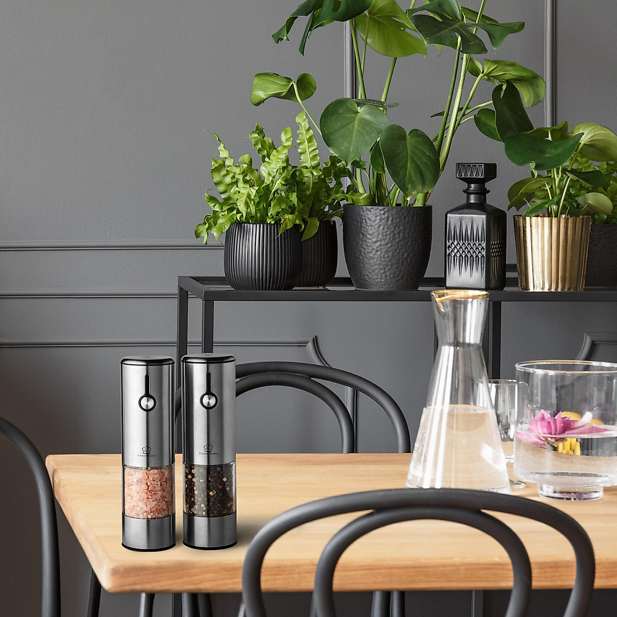 Kitchen Geeks Electric Grinder Set - USB Rechargeable Salt and Pepper Mill with Light, Easy to Refill, No Batteries Required, One Handed Automatic Grinding, Stainless Steel, and Adjustable Coarseness