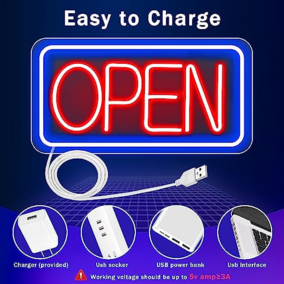 Open Sign With Adapter Neon Open Sign LED With 5 Adjustable Brightness Open Signs For Business Window Open Neon Sign Party Stores Shop Coffee Salon Hotel (Blue/Red-Horizontal) 16.5"X 9"