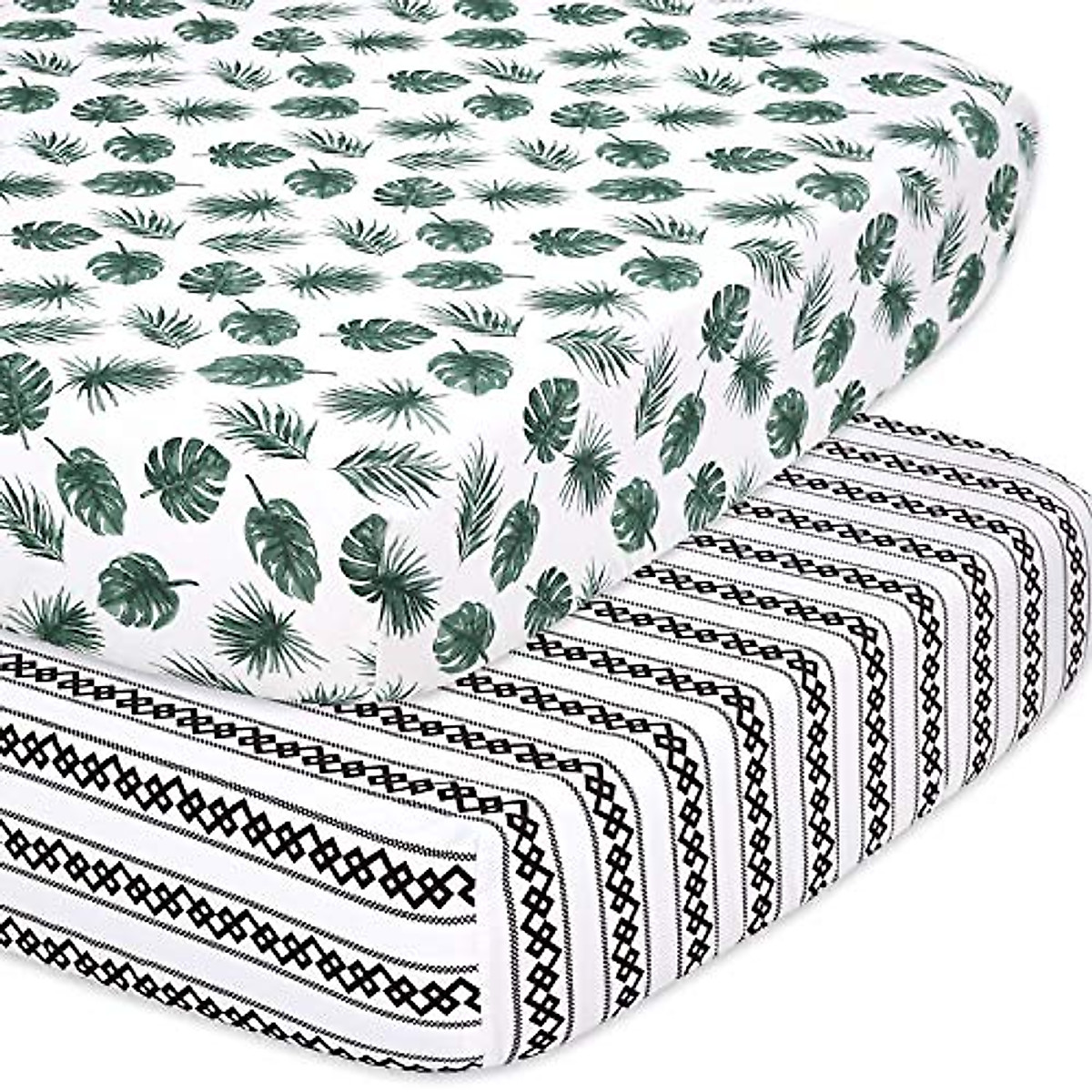 The Peanutshell Fitted Crib Sheet Set for Baby Boys or Girls - 2 Pack - Botanical Leaf & Stripe