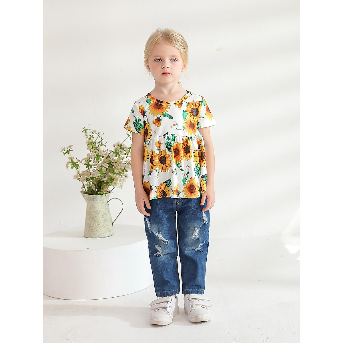 Derouetkia Girls Clothes Outfits Toddler Infant Baby Girl Short Sleeve Floral Ruffle Tops Ripped Jeans Pants Sets (2-3T) Yellow