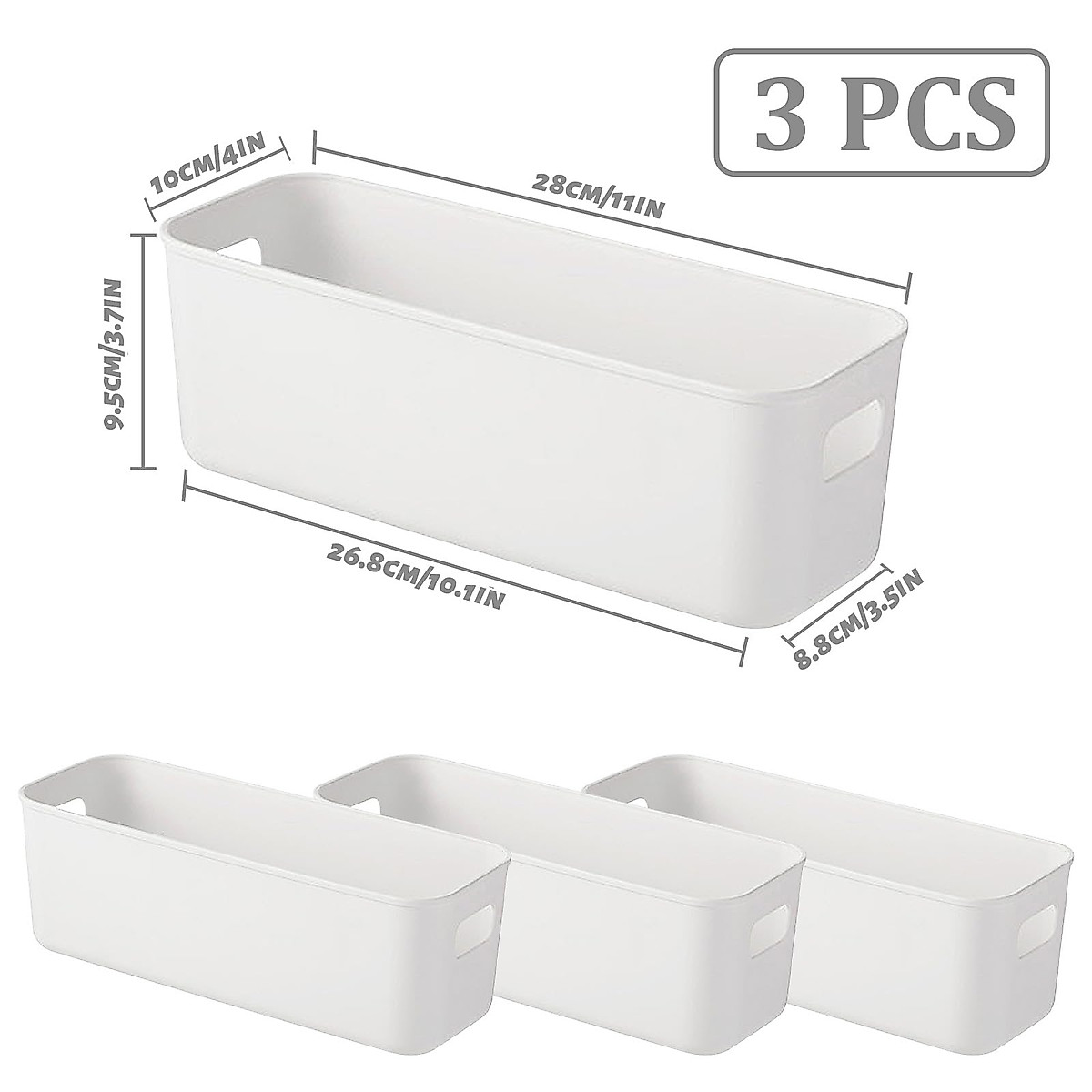 BLLREMIPSUR 3 Pack White Storage Bin, 10" Long Bathroom Organizing Bins, Plastic Organizer Bins with Handles for Vanity, Pantry, Shelves