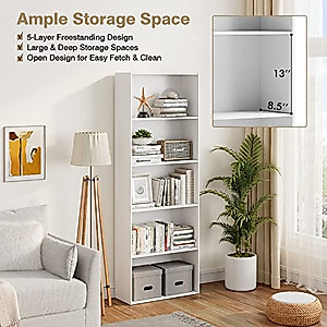 Tangkula 5-Shelf Bookcase, 23.5''L x 9.5''W x 67''H, Multi-Functional Wood Storage Display Open Bookshelf for Home Office (White)