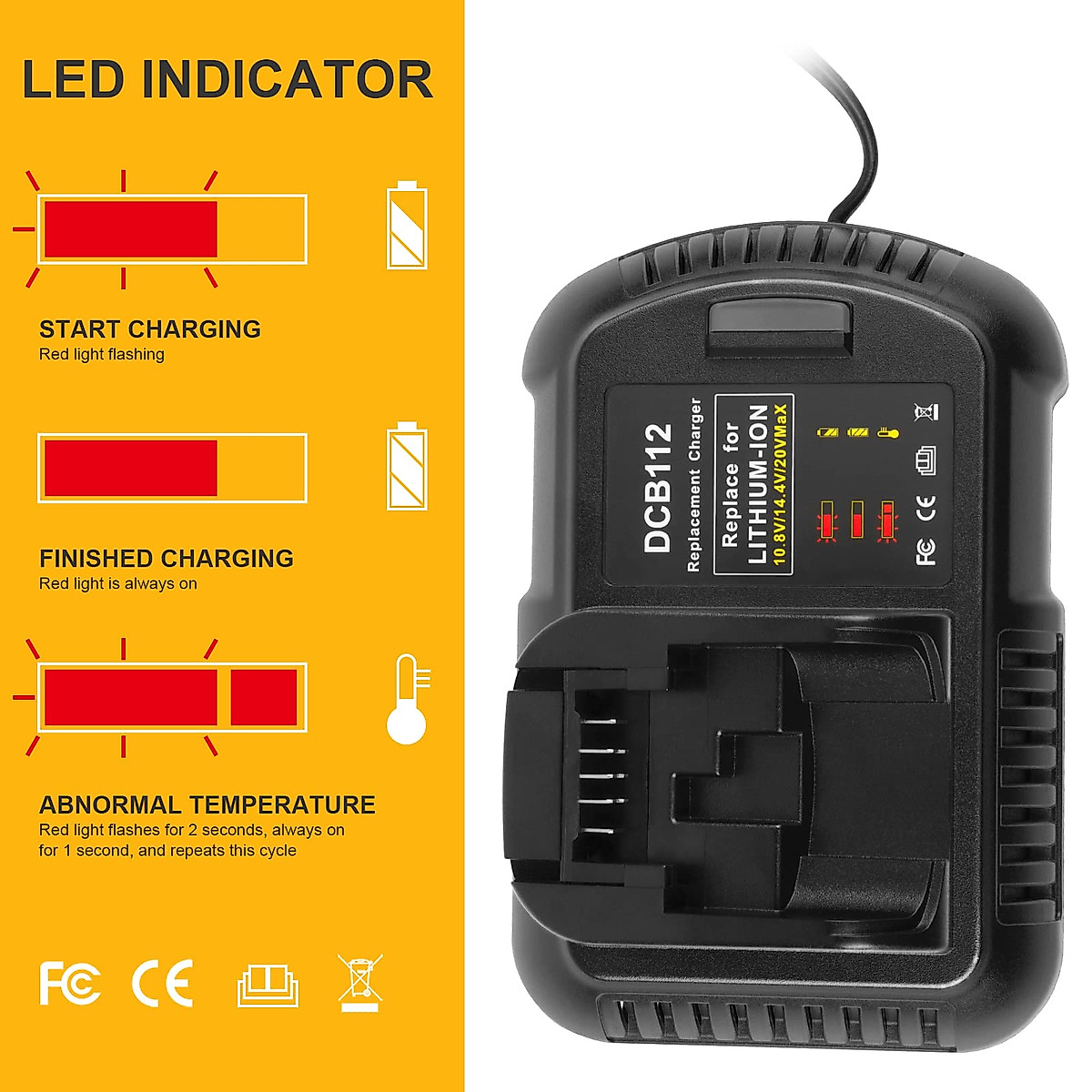Fast Battery Charger DCB112 for Dewalt Tools 12V-20V Lithium-ion Battery DCB101 DCB105 DCB115 DCB107, Fit DCB120 DCB127 DCB206 DCB205 DCB204 DCB203 DCB201 DCB200