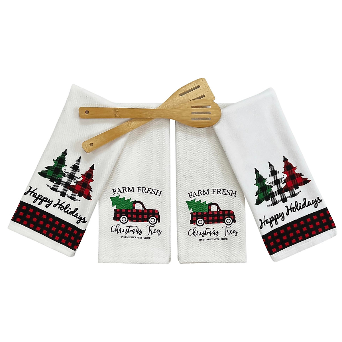 Farmhouse Christmas Kitchen Hand Towels: Postal Country Truck and Trees Herringbone Cotton Weave with Decorative Checkered Prints on Terrycloth with Easy Hang Fabric Loops (Farm Fresh Trees)