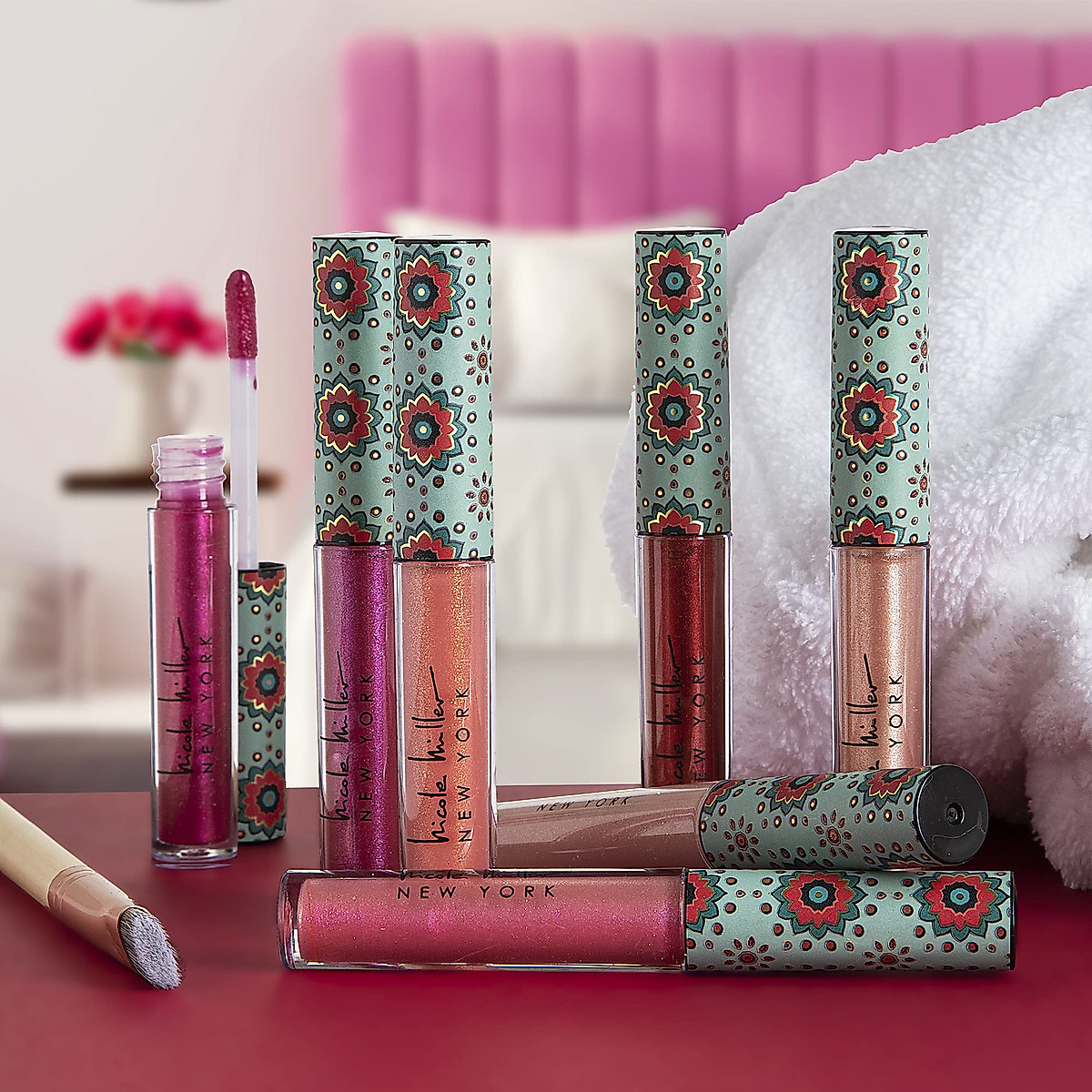 Nicole Miller Lip Gloss Collection Shimmery Glosses for Women and Girls Long Lasting Color Set with Rich Varied Colors, Pink Glossy, 10 Count (Pack of 1)