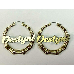 Stylish Bamboo Earrings Personalized Custom Gold 1.5, 2.5, 3.5" Size and Background Color Choice Hoop Name Plate Laser Cut Made To Order - Any Name Script Cursive Letters Stunning, Quality, Attractive (3.5" Bamboo Earrings)