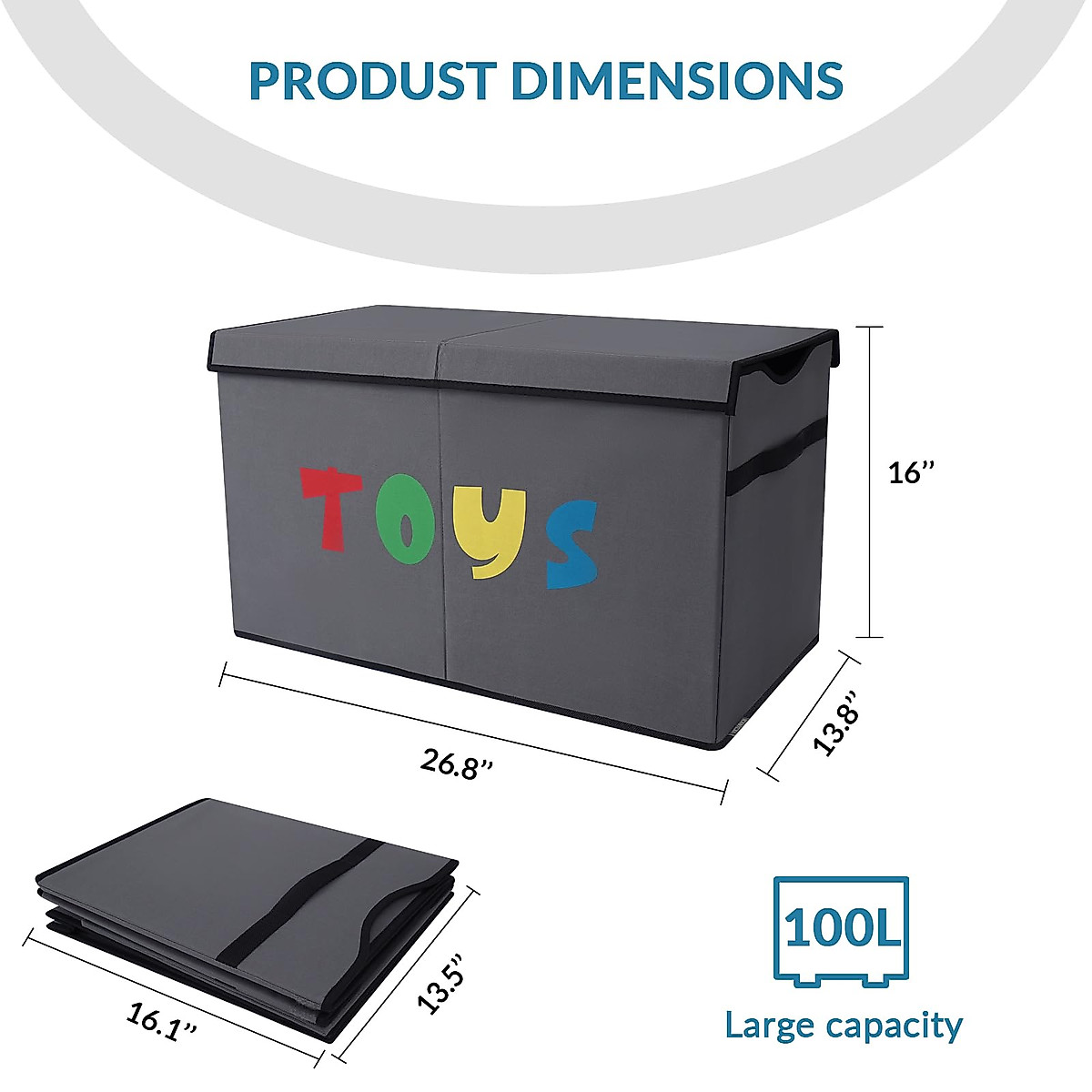 YOLOXO Toy Box Chest, Collapsible Sturdy Storage Bins with Lids, Extra Large Kids Toy Storage Organizer Boxes Bins Baskets for Kids, Boys, Girls, Nursery Room, Playroom, Closet (A-TBX-GRAY-MULTI)