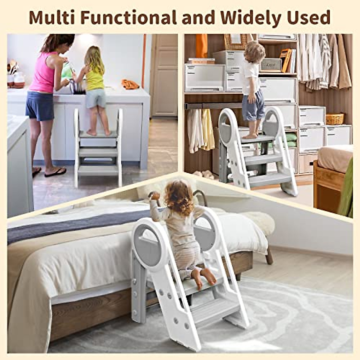 Sephyroth Kid Step Stools for Bathroom Sink,Adjustable 3 Step Stools with Handles to 2 Step Stool for Kids Toilet Potty Training,Kitchen Counter Plastic Toddler Step Stool Helper(White)