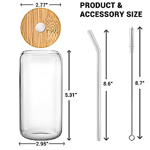 Combler Glass Cups with Lids and Straws, 16 oz Drinking Glasses Set of 4, Iced coffee Cup Coffee Bar Accessories Essentials, Glass Coffee Cups with Bamboo Lids and Glass Straws, House Warming Gifts