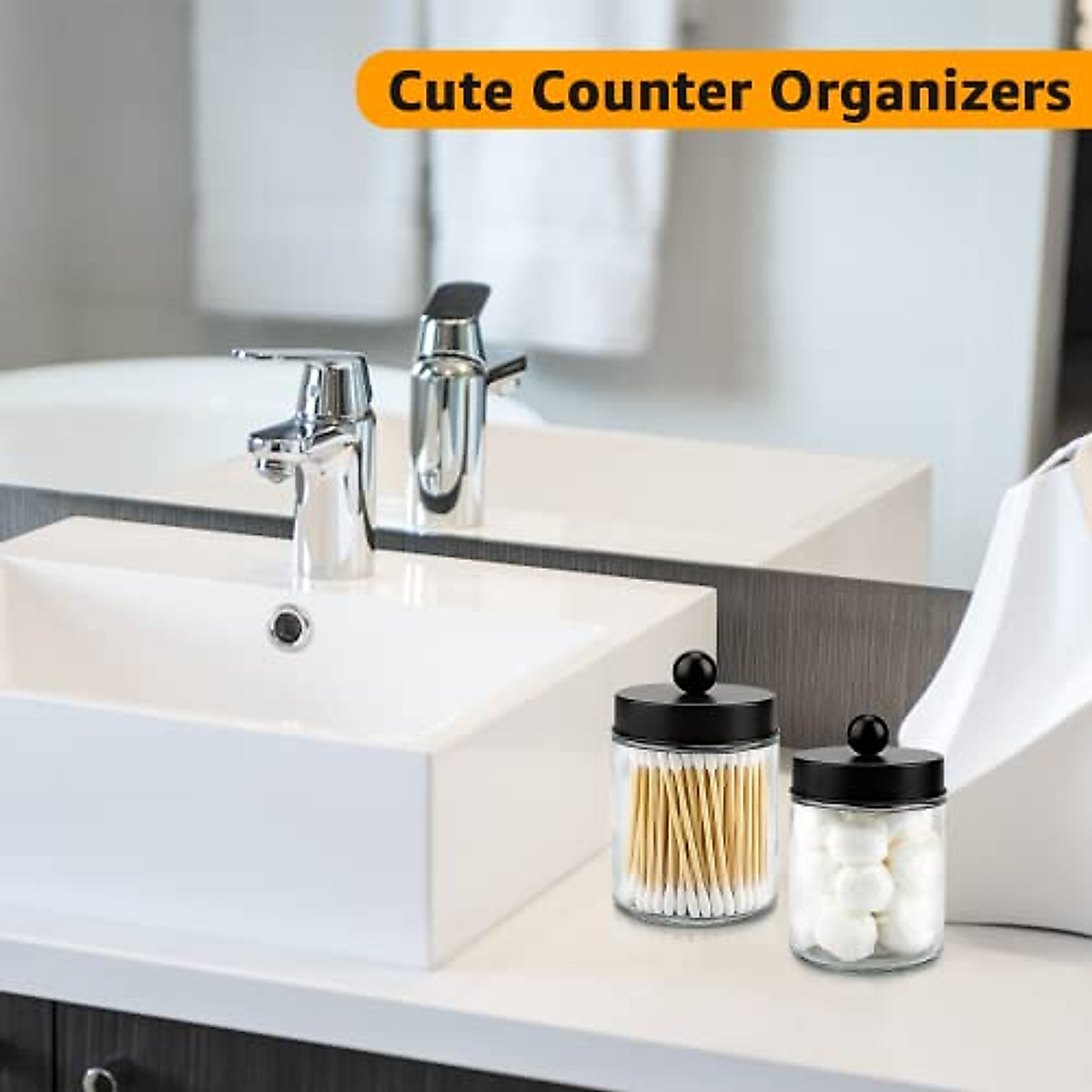 Goramio 2-Pack Bathroom Glass Storage Jars, Small Apothecary Jars with Lids, Glass Qtip Holder, Cute Bathroom Canisters, Cotton Swab Holder, bathroom countertop organizer with 12 Lables (9 Oz, Clear)