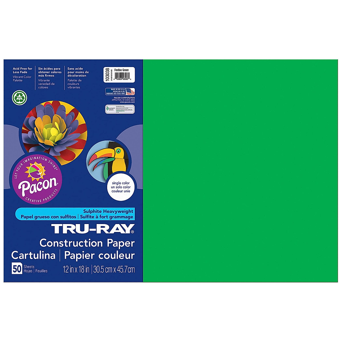 Tru-Ray Construction Paper, Festive Green, 12" x 18", 50 Sheets Per Pack, 5 Packs