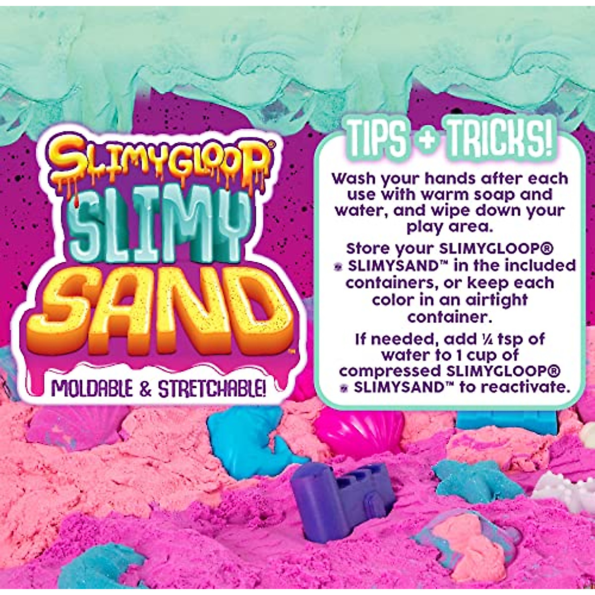 SlimySand Construction, 2 Pounds of SlimySand (Blue and Yellow), 3 Fun 3D Molds, 2 Rollers & 1 Reusable Box For Hours Endless Hours of Play. Super Stretchy & Moldable!