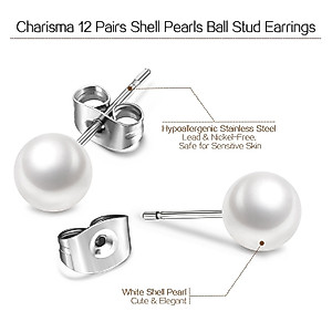 Charisma 8mm Composite Pearl Earrings Round Ball Pearls Stud Earrings Hypoallergenic 12 Pairs Imitation Pearl Earrings Set for Women