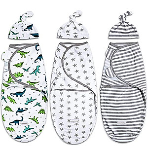 DUYANG Boys Swaddle Set, Large, 3pcs Wrap Blankets with 3pcs Baby Cotton Caps,3-6 Months (3+3pack1)