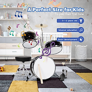 COSTWAY Kids Drum Set, 16” Junior Drum Kit with Bass/Snare/Toms/Floor Drum, Hi-Hat, Cymbal, Pedal, Seat, Drumsticks, 3 PCS Children’s Beginner Drum Instrument for Age 3-12 (Black)