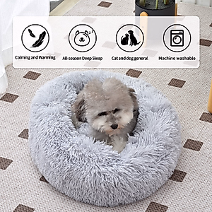 Aalklia Dog Bed Plush Anti-Anxiety Indoor Washable,Soft,Calming Sleep Cuddler with Anti-Slip Bottom,20",Grey