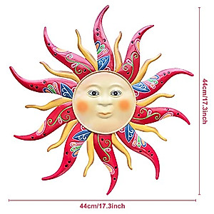 Daogtc Metal Sun Wall Art Decor-17.3 inches Rustic Retro Metal Sun Hanging Decoration for Indoor Outdoor,Metal Sun Art Sculpture for Home Garden Farmhouse Yard Patio Fence Living Room Bedroom(Red)