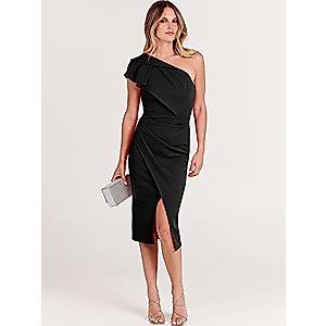 ANRABESS Women's One Shoulder Cocktail Evening Night Party Midi Dress Sleeveless Ruffle Wrap Ruched Bodycon Formal Wedding Guest Dresses for Graduation Prom 847heise-M Black