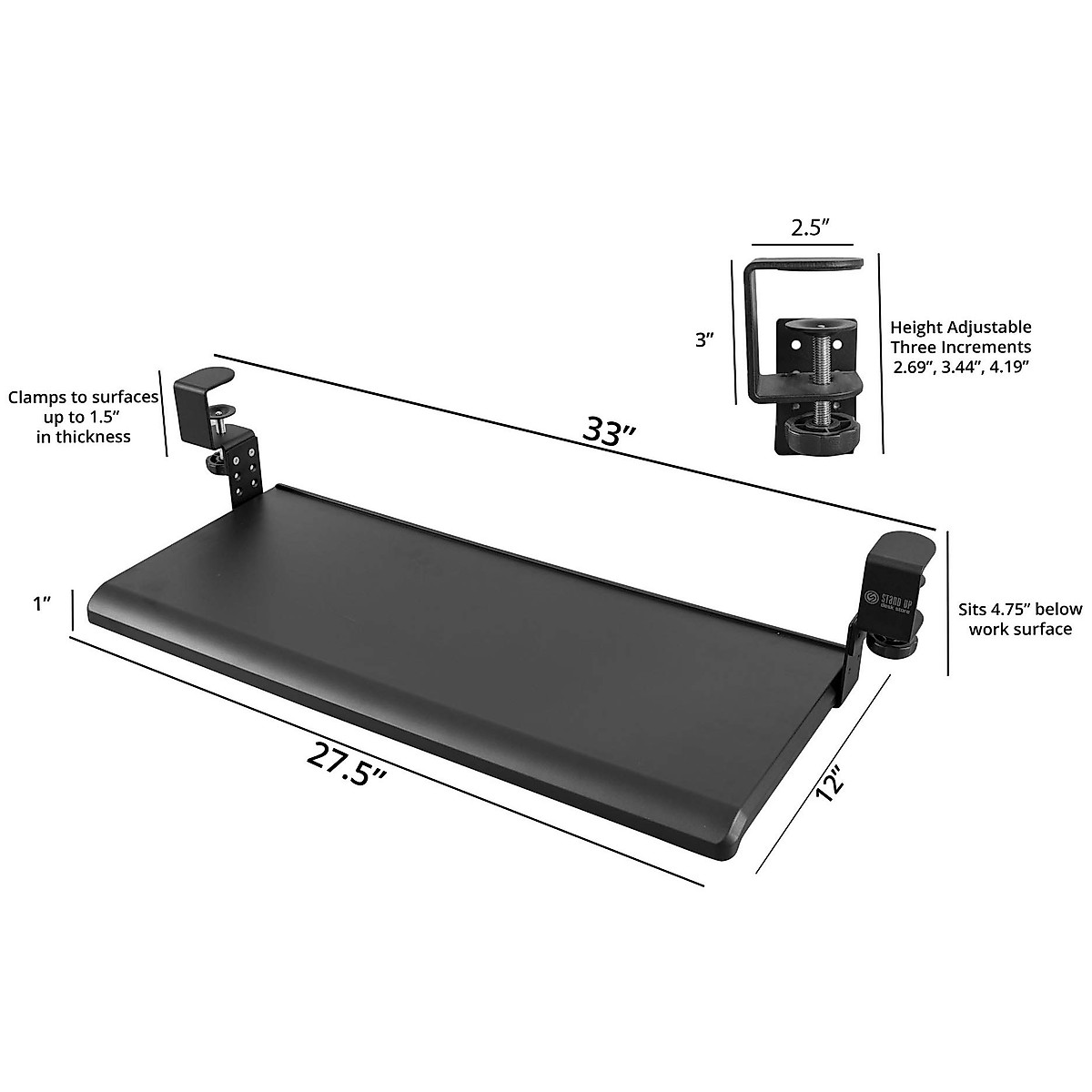 Stand Up Desk Store Large Clamp-On Retractable Adjustable Height Under Desk Keyboard Tray | for Desks Up to 1.5" (Large, 33" Wide)
