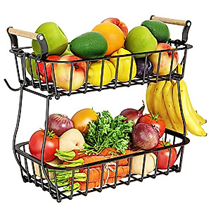 2 Tier Fruit Basket Bowl with 2 Banana Hangers for Kitchen Counter, Metal Countertop Fruits Produce Storage Basket Holder, Large Fruit Vegetable Stand Organizer for Bread Snack Veggies Potato, Black