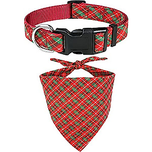 Taglory Christmas Dog Collars and Bandanas Set, Xmas Costume Triangle Pet Scarf & Collar for Medium Large Dogs, Red Plaid, 14-20"