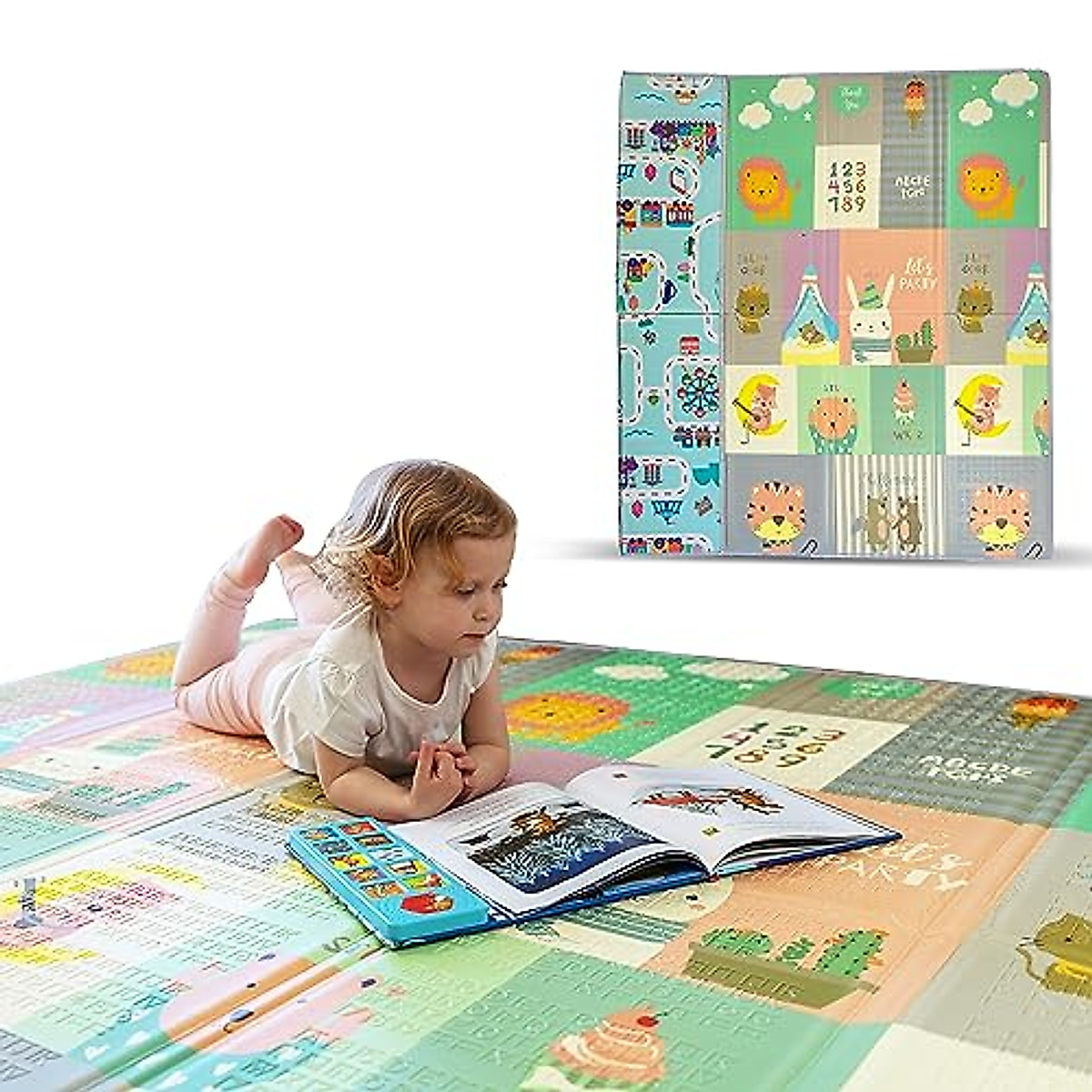 SUVELB Foldable Baby Play Mat - Reversible, Extra Large, Thick Foam Crawling Playmats for Infants, Toddlers, Kids - Waterproof Indoor Outdoor Tummy Time Floor Activity Mat (79 x 71 x 0.6 inches)