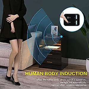 HNEBC Auto LED Nightstand with 2 USB Charging Station, High Gloss Black Nightstand Side Table with 2 Drawers,Bedside Table has Infrared Induction/3 Color LED Lighting/Adustable Brightness(Black)