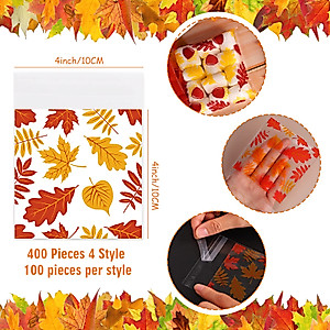 Whaline 400Pcs Fall Cellophane Bag 4 Styles Plastic Pumpkin Maple Leaf Self-adhesive Cello Bag Thanksgiving Goodie Treat Bag Candy Snack Bags Bulk for Thanksgiving Party Favor Autumn Party Supplies
