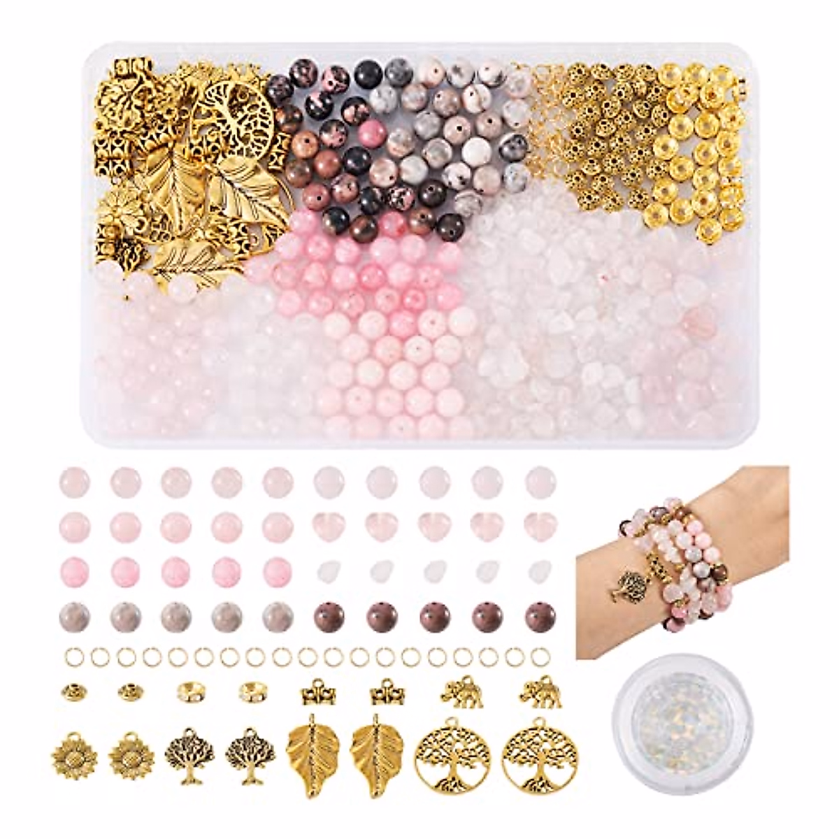 Cheriswelry Box of 8mm Gemstone Beads Bracelet Making Kit with Natural Mixed Stone Beads Rhinestone Spacer Beads Alloy Pendants Elastic Thread Jump Ring for Jewelry Making Crafts (254Pcs/Box)