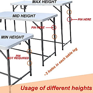 BOSOVEL 4ft Folding Table 3 Adjustable Height, 35 inch Height Portable Plastic Table for DJ Kitchen Party Camping Picnic Dining, Fold in Half w/Handle, White