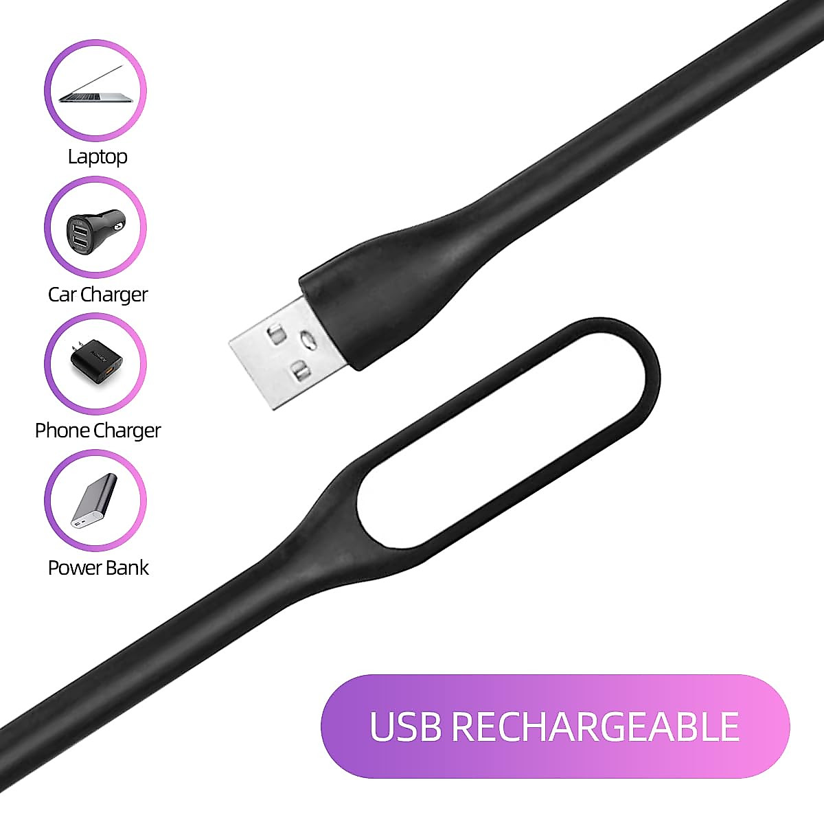 FINENIC USB LED Light Lamp for Power Bank (10 PCS) Portable Eye Care Mini Night Light with Flexible Arm, USB Gooseneck Reading Lamps Book Light,Compatible for Desktop, Notebook Laptop (10-Black)