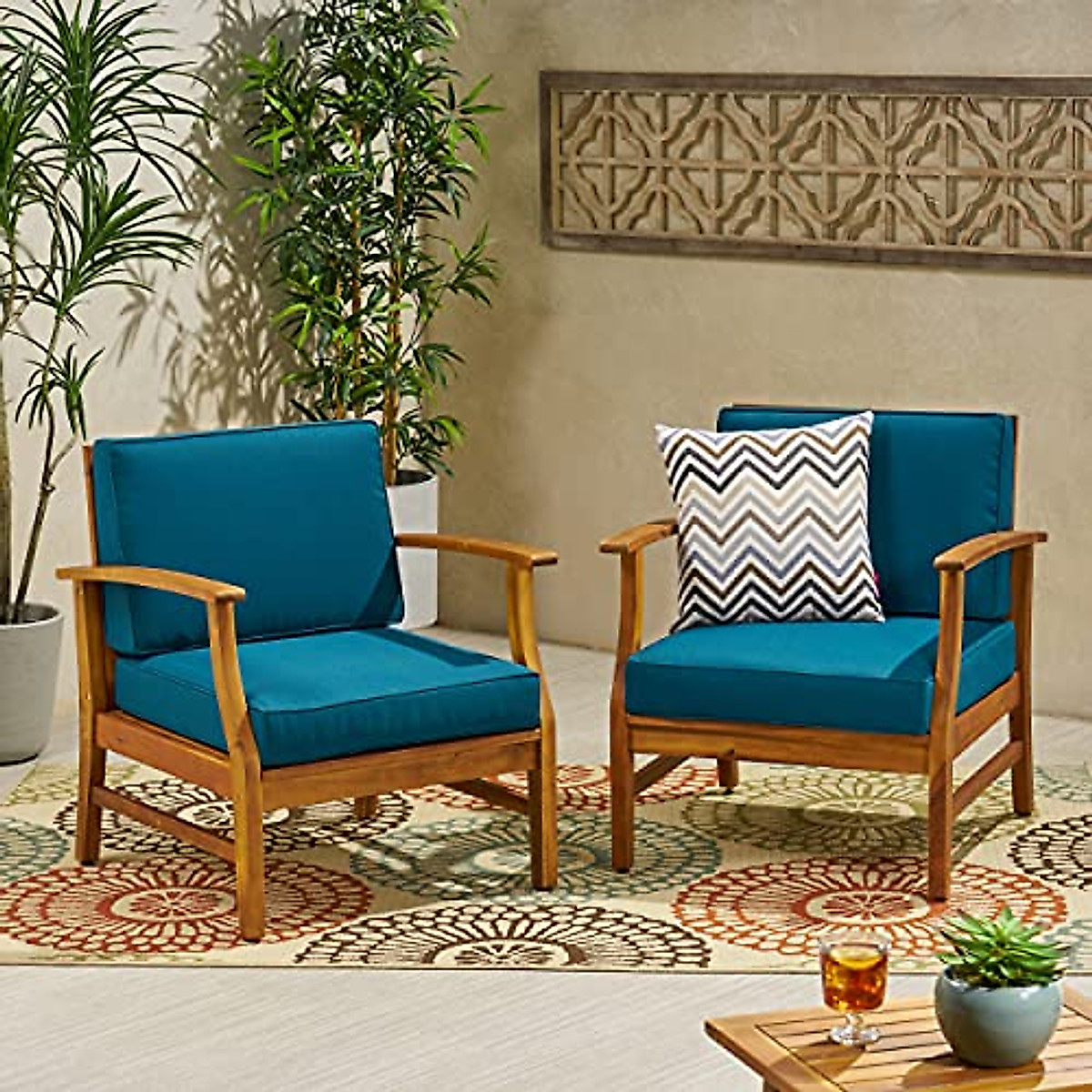 Christopher Knight Home Perla Outdoor Acacia Wood Club Chairs with Water Resistant Cushions, 2-Pcs Set, Teak Finish / Blue
