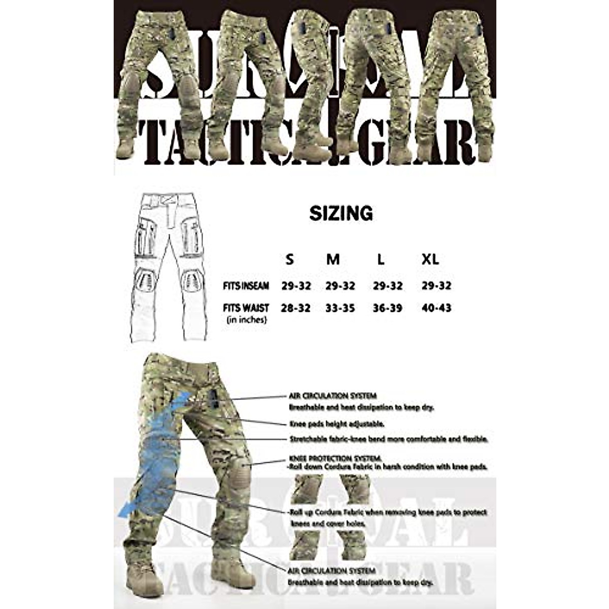 Survival Tactical Gear Pants with Knee Pads Hunting Paintball Airsoft BDU Military Camo Combat Trousers for Men (Black, L)