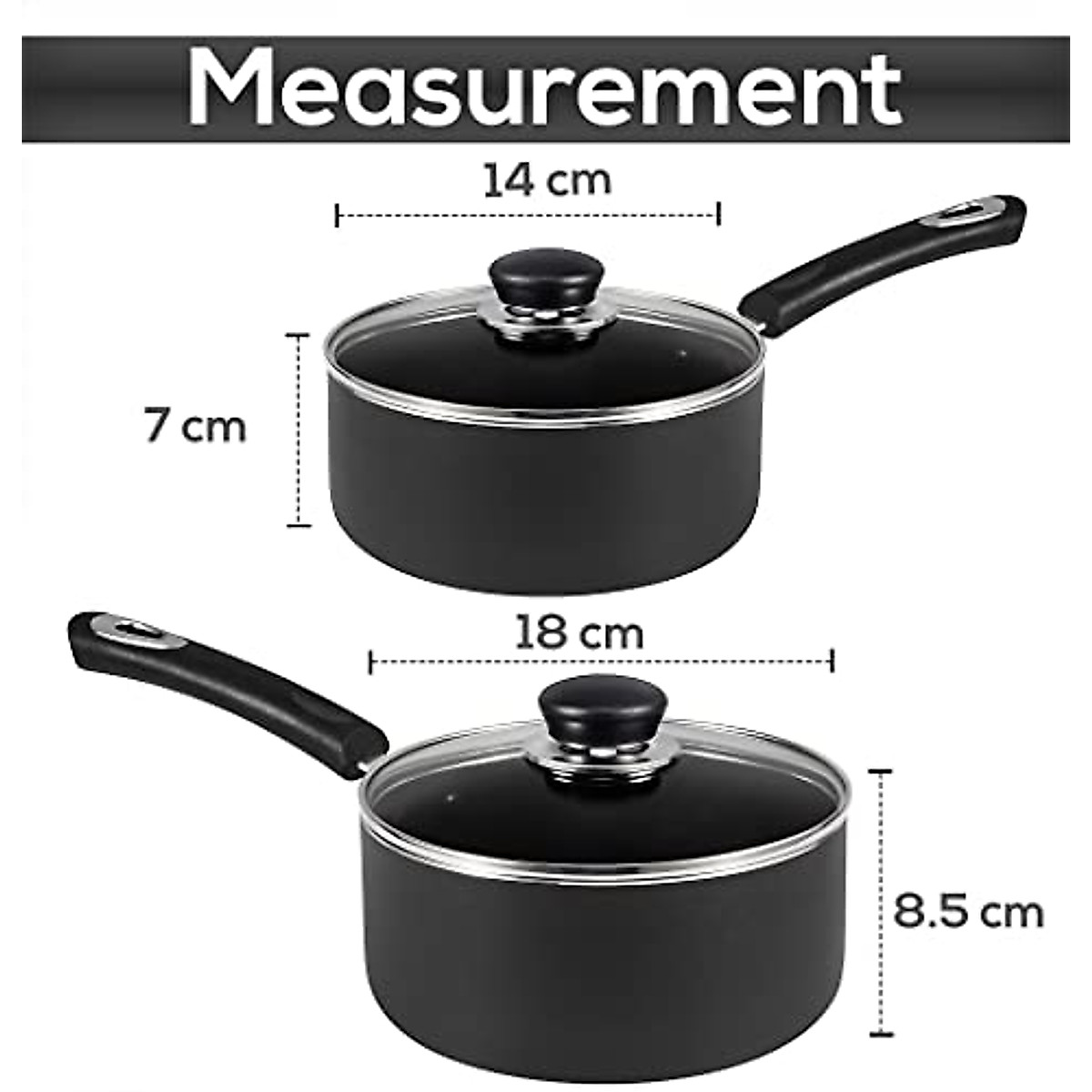 Utopia Kitchen Professional 3 Piece Set – 1 and 2 Quart Nonstick Saucepans with Glass Lids along with a Pre-seasoned 12.5 inch Cast-iron Skillet - Induction Bottom (Grey-Black and Black)