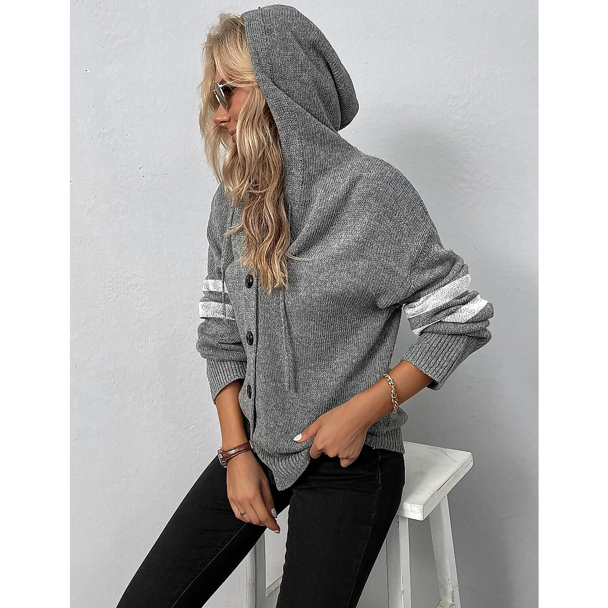 Women's Casual Cardigan V Neck Button Down Hooded Sweaters Long Sleeve Hoodies Outfits