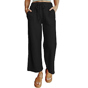 Dokotoo Women's Ladies 2024 Summer Beach Casual Linen Elastic High Waisted Drawstring Comfy Elegant Wide Leg Loose Flowy Long Palazzo Pants for Women Trousers with Pockets Black XL
