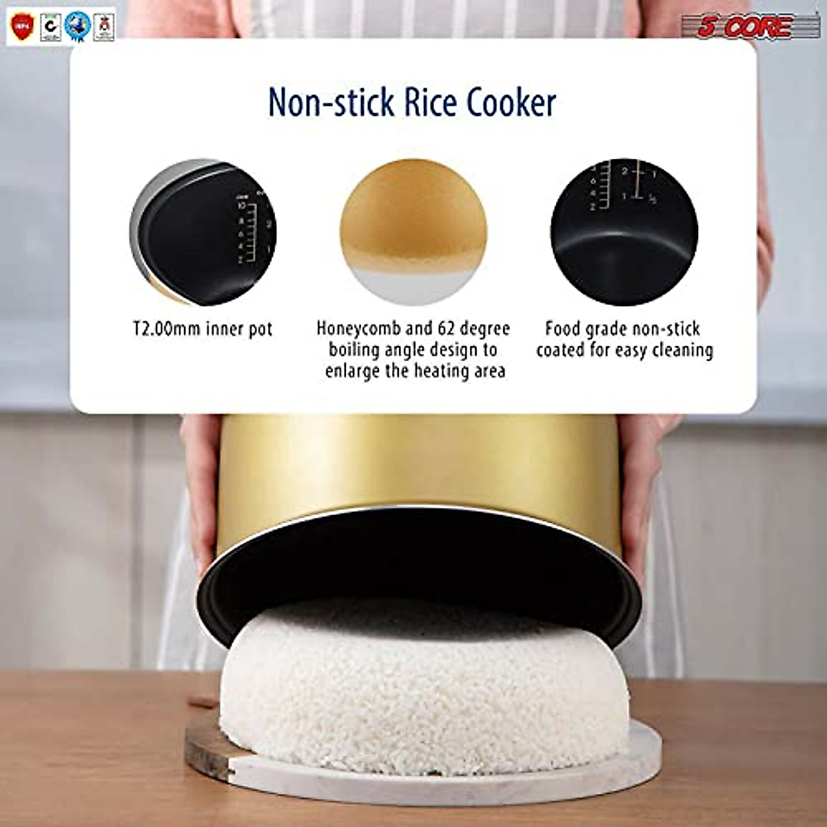 5 Core 5.3Qt Asian Rice Cooker Digital Programmable 15-in-1 Ergonomic Large Touch Screen Electric Multi Cooker Slow Cooker Steamer Pot Warmer 11 Cups 24 Hour Delay Timer Auto Keep Warm Feature RC 0501