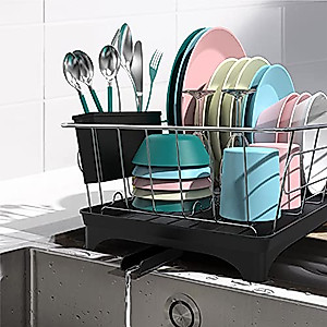 ANTOWIN Dish Drying Rack, Dish Drainer with Drip Tray, Anti-Rust Frame, Swivel Spout Large Storage Draining Board Design, Removable Cutlery Holder for Kitchen - Black with Dishwashing Brush